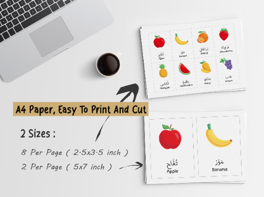 22 Fruits Flashcards Arabic - English, Preschool Flashcards