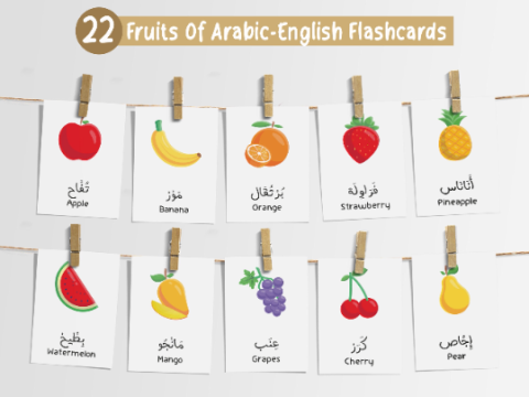 22 Fruits Flashcards Arabic - English, Preschool Flashcards