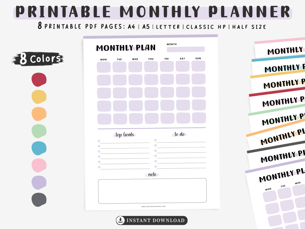 Printable Monthly Planner, Instant Digital Download