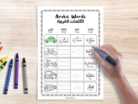 Arabic Words with English | Tracing, Writing & Coloring Worksheets